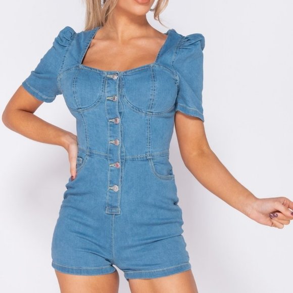 Pants & Jumpsuits | Short Puff Sleeve Denim Jeans Bodycon Romper | Poshmark